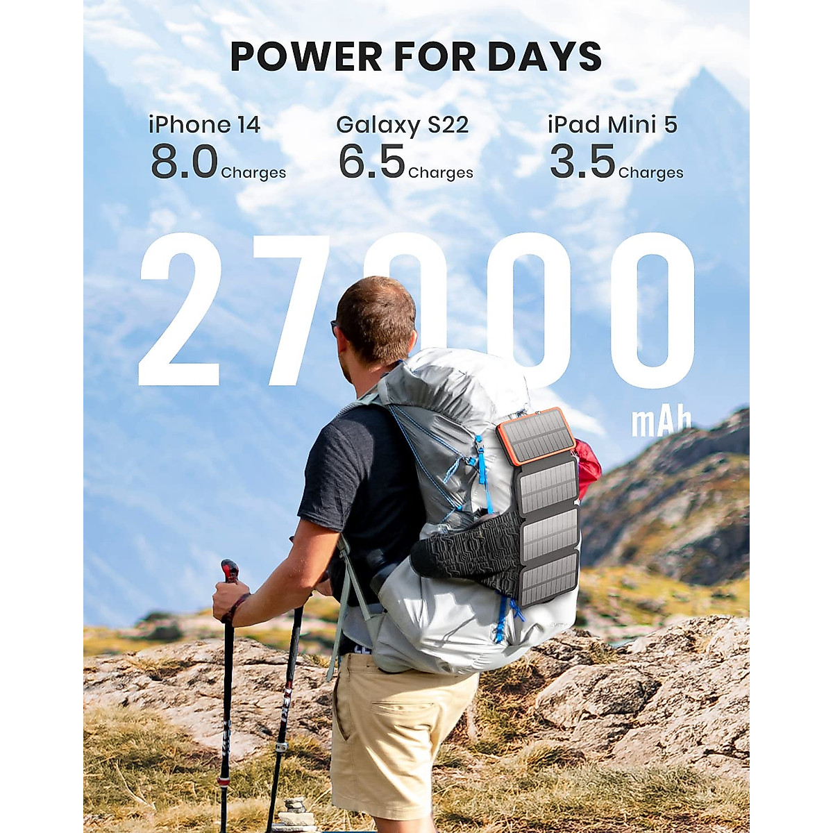 Hiluckey Solar Charger 27000mAh Power Bank 22.5W Fast Charging Portable Phone Charger with 4 Solar Panels USB C PD External Battery Pack with 3 USB Outputs for Cellphone Tablet