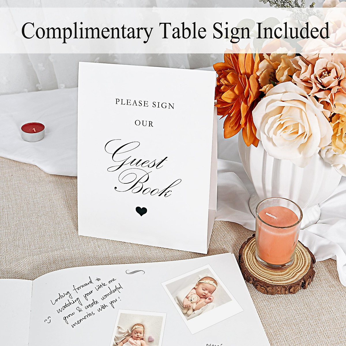 SUNEE Wedding Guest Book - Polaroid Guest Book Weddings Reception, Linen Cover Elegant Guest Book for Baby Shower, Birthdays and Special Events, 100 Blank Pages for Wedding Sign in and Photos, Beige