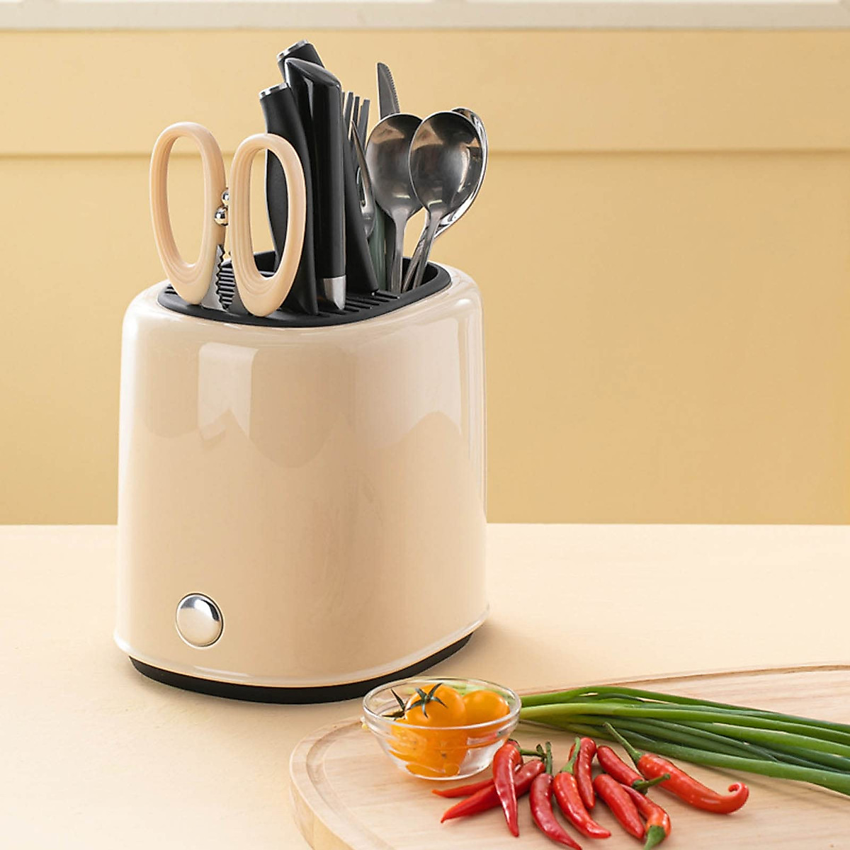 2 in 1 Kitchen Utensil Holder, Divided Spatula Holder Utensil Crock, Tableware Spoon Forks Storage Box, Plastic Kitchen Utensil Holder Cultery Drainer Caddy for Dinner Home Kitchen(Beige)