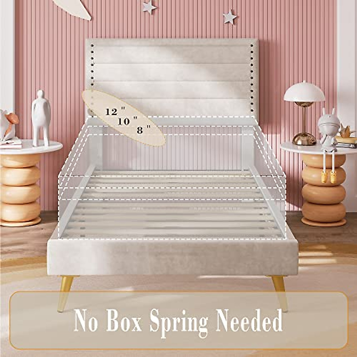LIKIMIO Twin Bed, Platform Bed Frame with Upholstered Headboard and Wooden Slats Support, No Box Spring Needed, Easy Assembly, Beige
