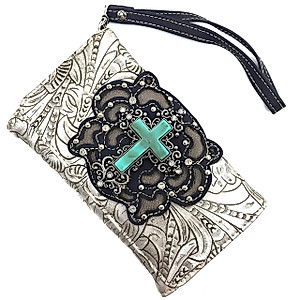 Zelris Western Turquoise Rhinestone Cross Women Conceal Carry Handbag Wallet Set (Silver)