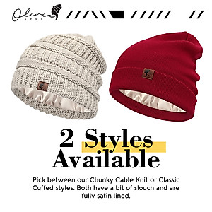 Olivia Sylx Chunky Satin Lined Beanie for Women - Winter Hat - Warm Slouchy Knit Beanie - Beige