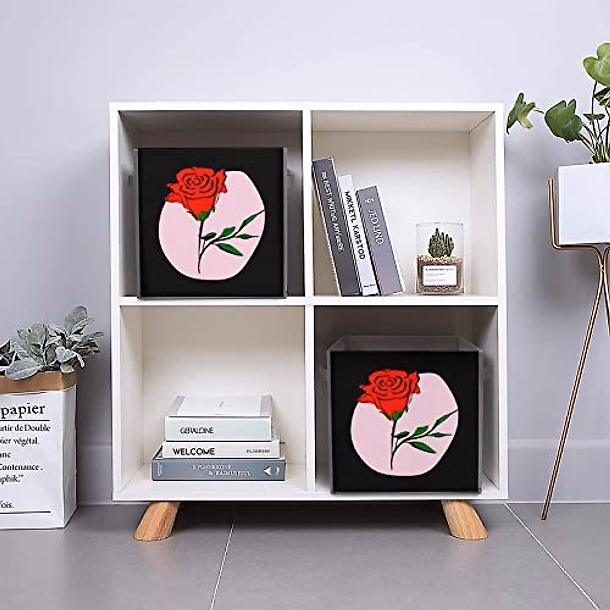 Rose PU Leather Collapsible Storage Bins Canvas Cube Organizer Basket with Handles