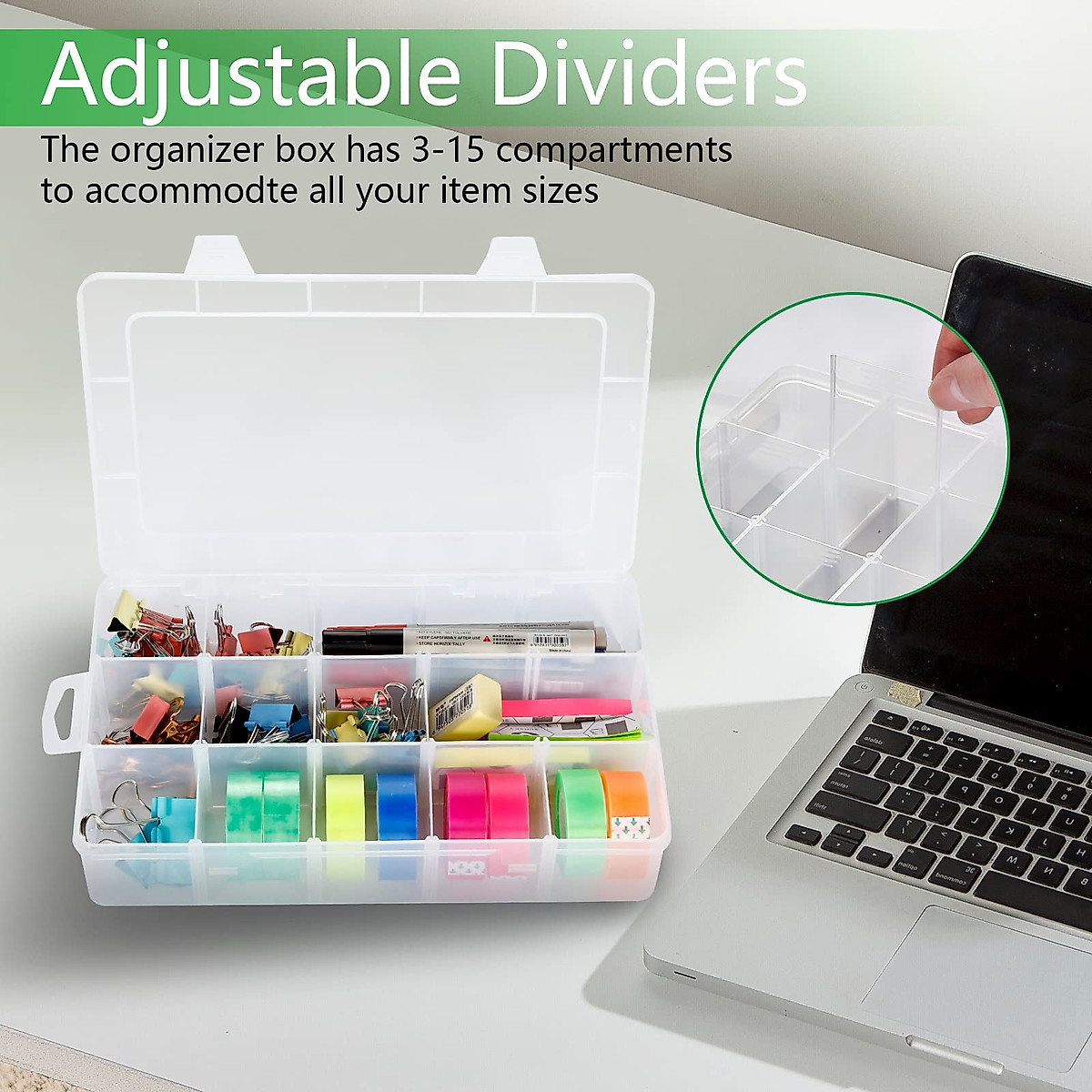 Bluedale 15 Grids Clear Craft Organizer Storage Box, Plastic Bead Container Organizers with Adjustable Dividers, Compartment Organizer Box for Art DIY, Jewelry, Earring, Screw, Small Parts