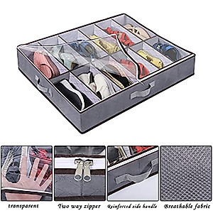Under Bed Shoe Storage Organizer, Adjustable Dividers - Set of 2, Fits 24 Pairs Total - Underbed Storage Solution Gray