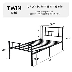 Metal Platform Bed Frame Twin Mattress Foundation Heavy-Duty Steel Slat Noise-Free Support with Headboard & Foot Board NO Boxing Spring Needed Under-Bed Storage Easy Assembly, Twin