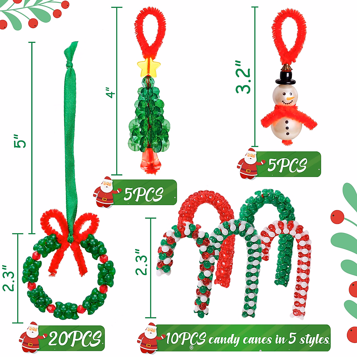 Christmas Crafts for Kids Adults Families, Beaded Ornament Kit to Make Wreath/Candy Cane/Xmas Tree/Snowman, Holiday Decorations Party Supplies, 40 Pieces