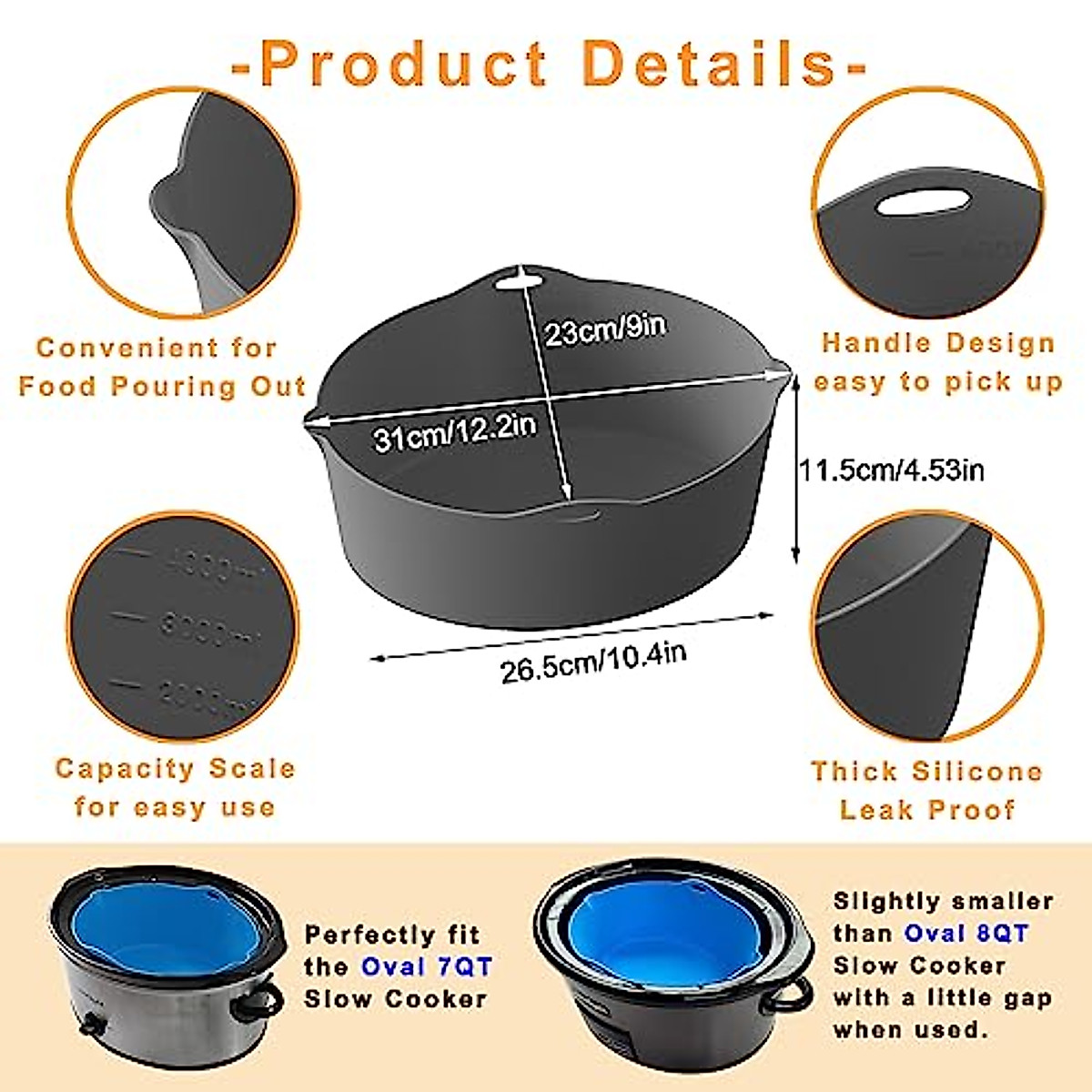 LAECHATAR Silicone Crockpot Liner Reusable Fit 7-8 Quart Oval Crock Pots/Slow Cookers- Prolong The Life of Your Slow Cooker (Grey/1pc)