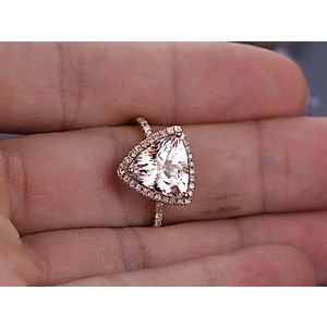 Triangle Morganite Engagement Ring Set,10mm Trillion Stone Halo Diamond 14k Rose Gold Rings Stacking Band