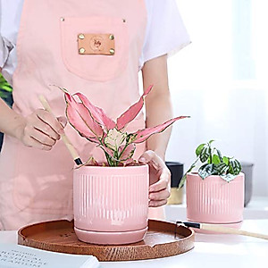 POTEY 053206 Ceramic Planter Pots - Glazed Modern Planters Flower Pot Indoor Bonsai Container with Drainage Holes & Saucer for Plants Aloe(5.1 + 4.2 Inch, Shiny Pink, Set of 2, Plants Not Included)