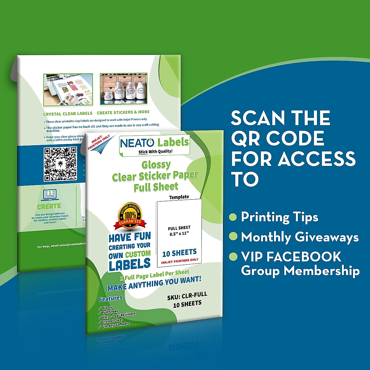 Clear Sticker Paper - Vinyl Full Sheet Label - Weatherproof - for Inkjet and Laser Printers - 10 Premium 8.5 x 11 Inch Clear Printable Sticker Paper - Tear Resistant- Includes Online Design Software's