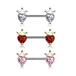 CZ Crystal Heart with Crown Nipple Barbells, Sold as Pair (Gold Tone/Red)