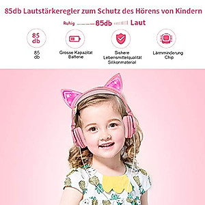 LOBKIN Foldable Wired Over Ear Kids Headphone with Glowing Light for Girls Children Cosplay Fans,Cat Ear Headphones (Peach)
