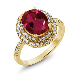 Gem Stone King 18K Yellow Gold Plated Silver Red Created Ruby Ring For Women (3.30 Cttw, Oval 9X7MM, Available in size 5, 6, 7, 8, 9)