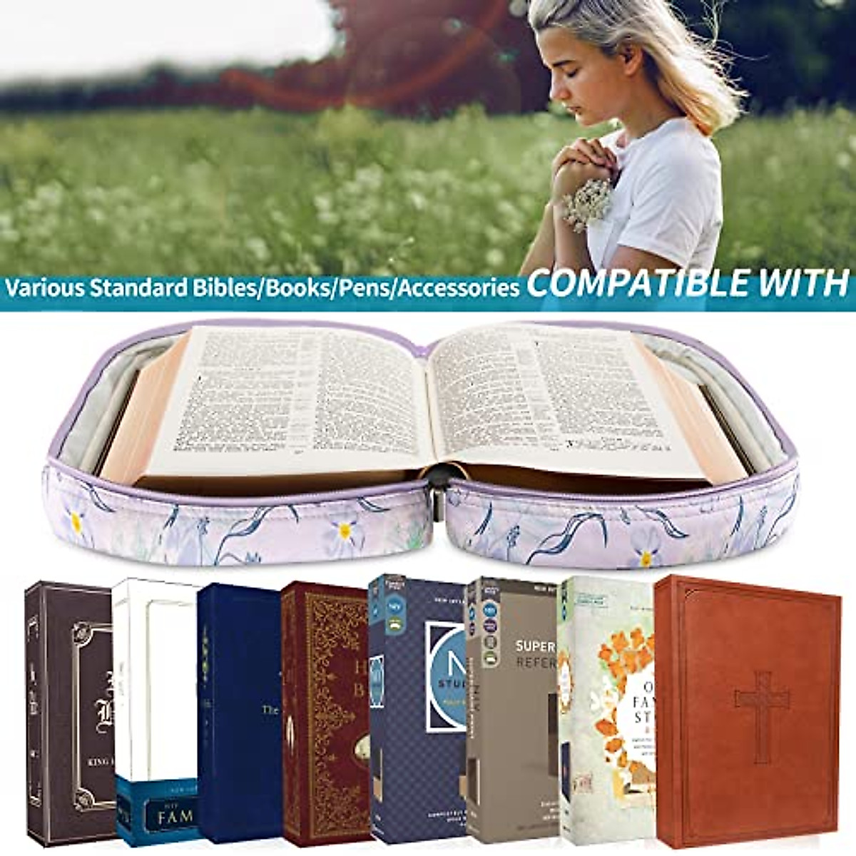 easymake Bible Covers for Women Zippered Pocket Bible Bags Carrying Case with Handles, Bible Cases Multi-Functional Organizer with Floral Pattern Purple on Cover, Gifts for Kids Girls Women