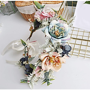 Vivivalue Women Floral Crown Adjustable Flower Headband Hair Wreath Floral Headpiece Halo Boho with Ribbon Wedding Party Photos