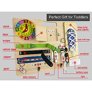 Danemort Montessori Wooden Busy Board for Toddlers 2-4, Educational Autism Sensory Toys Fidget Toy, Activity Toys Light Switch Toys for 1 2 3 Year Kids Boys & Girls (A)