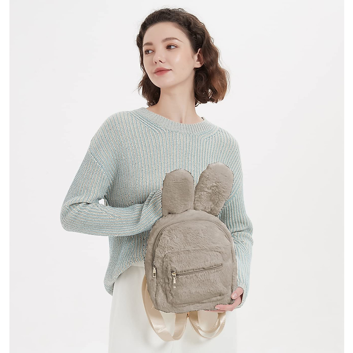 Flow.month Bunny Backpack, Fur Mini Backpacks for Women Plush Rabbit Ear Satchel Fuzzy Bunny Purse Handbags (Camel)