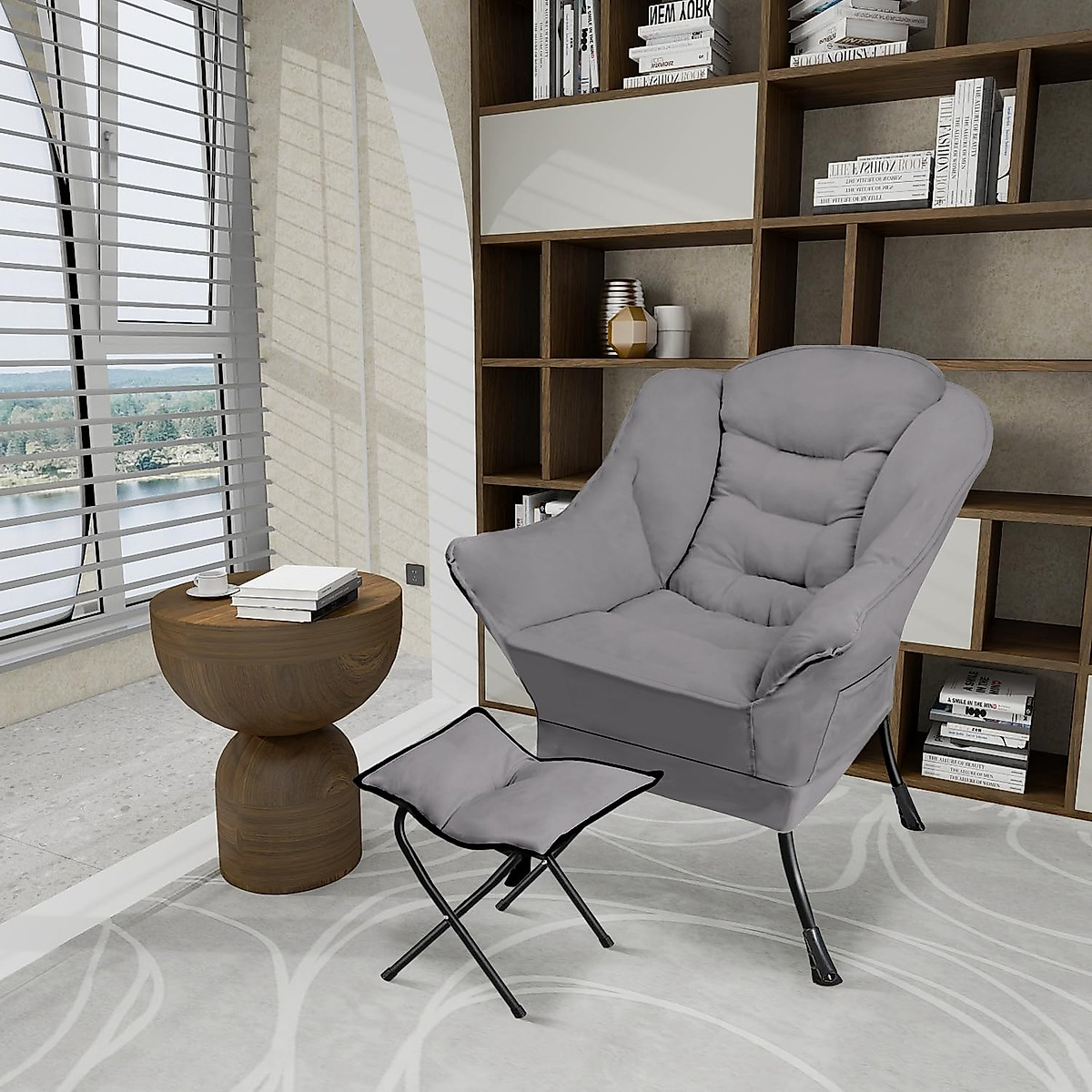 WOAISOO Lazy Chair with Ottoman, Comfy Reading Chair with Ottoman Set, Oversized Lounge Sofa Chair with Footrest for Living Room, Bedroom, Dorm, Small Spaces- Grey