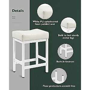 KATDANS Bar Stools Set of 2, 24" Counter Height Saddle Bar Stools, Upholstered PU Leather Bar Stools for Kitchen Island, Mid Century Modern Backless Barstools with Metal Base, KS861P-Cream, 2Pcs