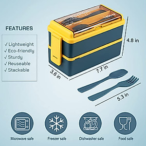 BentoMoment Upgrade Bento Box for Adult, 2 Layers Stackable Lunch Box with Tableware Dust Cover, 49oz Bento Salad Containers for Adults with 2 Removable Divider, Eco-Friendly Reusable Bento Box