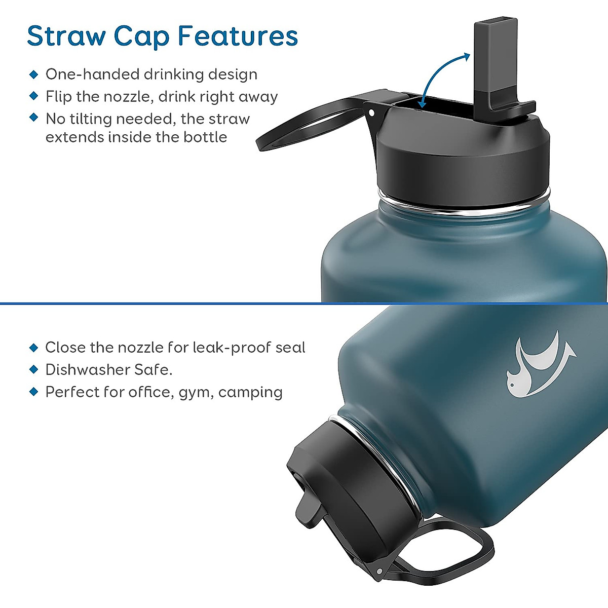 Straw Lid for 32oz, 40oz, 64oz, 87oz, 128oz Water Bottle, Insulated Flip Top Cap of 2.22” Diameter Bottles, BPA-Free Water Flask Accessories with 2 Straws and 1 Brush