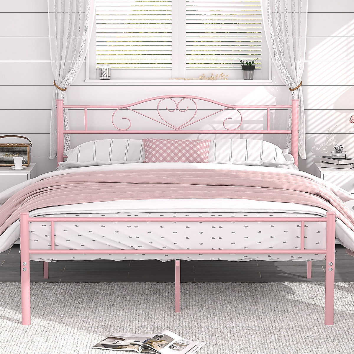 VECELO 14 Inch Queen Size Metal Platform Bed Frame with Headboard and Footboard, Heavy Duty Mattress Foundation with Steel Slats Support, No Box Spring Needed, Pink
