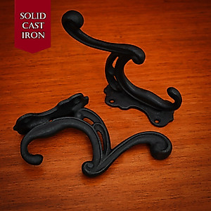 SaKeGa Rustic Cast Iron Wall Hooks, Heavy Duty Retro Utility Hooks for Hanging Coat, Bag, Towel, Robe, Hat and More, Pack of 2, Black