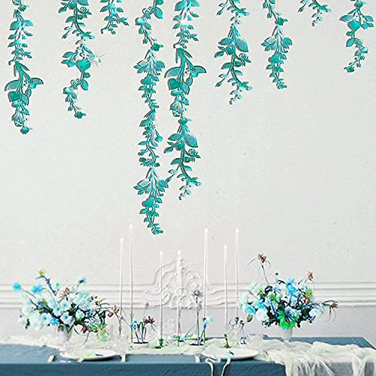 24 pcs Teal Blue Leaf Decorations for Spring Party Garland Hanging Leaves Greenery Vines Banner Backdrop Wall Decals for Birthday Anniversary Wedding Bridal Baby Shower Engagement