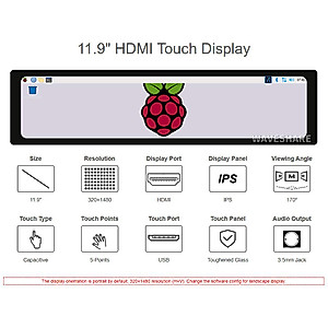 Coolwell 11.9inch Capacitive Touch Screen LCD for Raspberry Pi Series/Jetson Nano/PC, 320×1480, HDMI, IPS Display Panel, Toughened Glass Cover