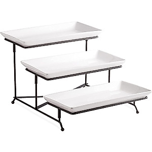 LAUCHUH 3 Tier Serving Stand Collapsible Sturdier Rack with 3 Porcelain Serving Platters Tier Serving Trays for Fruit Dessert Presentation Party Display Set, 12 Inch, Bronze