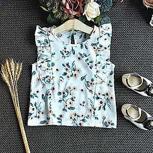 Guodeunh Baby Toddler Girls Summer Outfits Kids Flower Print T-Shirt Sleeveless Top Belt Shorts Pants Set(Green,6-7Years)