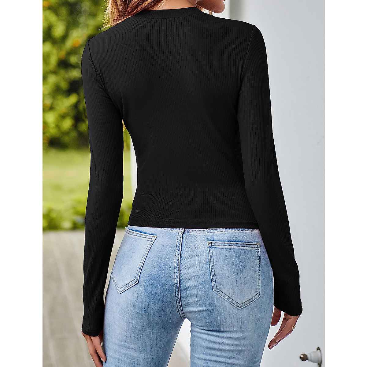 MEROKEETY Women Long Sleeve Slim Fit Crop Shirt Ribbed Knit Tops Casual Round Neck Y2K Tees Black Medium