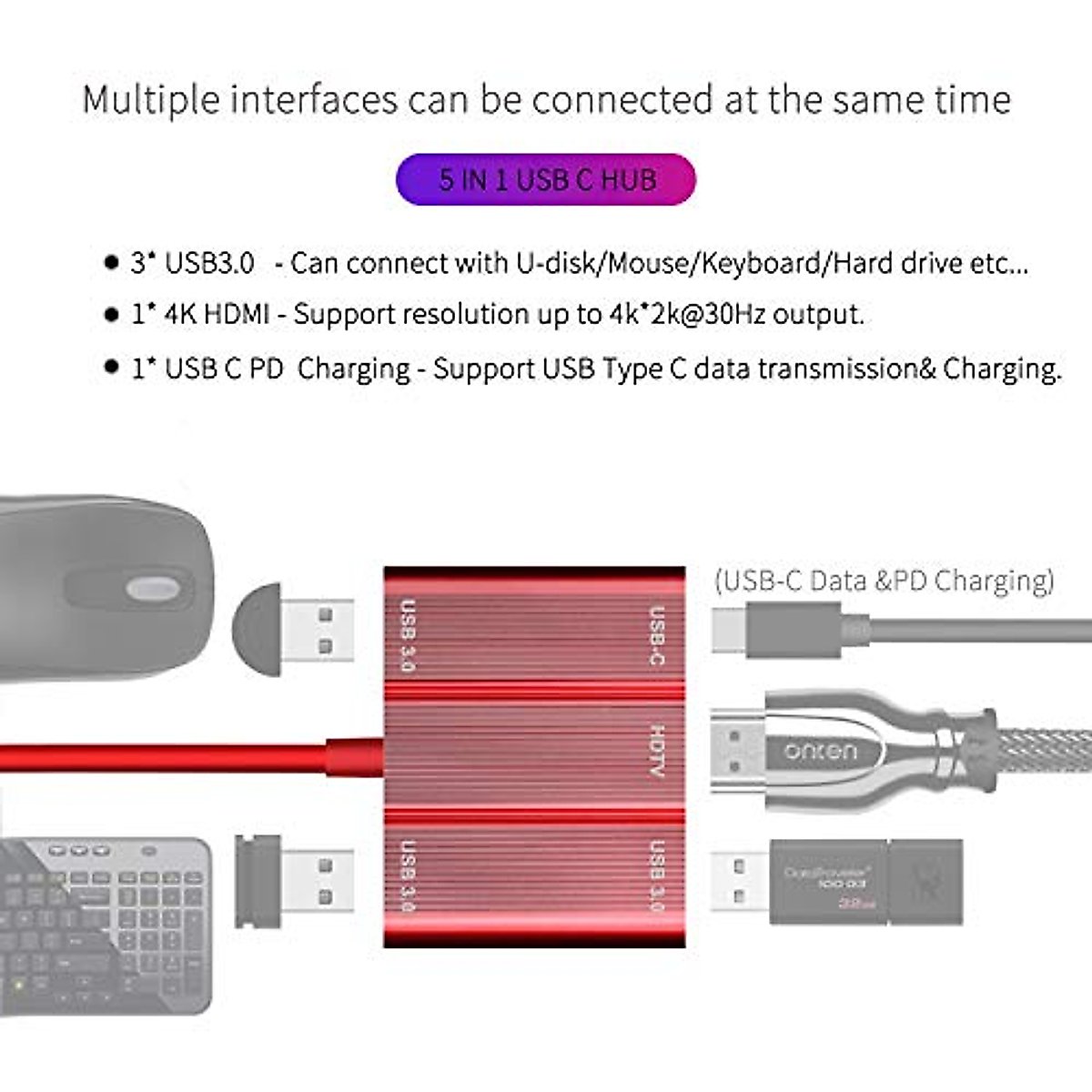 USB C 5 in 1 Adapter, YMY USB Type-C Hub to 4K HDMI, USB3.0 and USB C PD Charging Compatible for Apple MacBook Pro, Dell XPS,Chromebook Pixel, Lumia950 (5-in-1, Black)