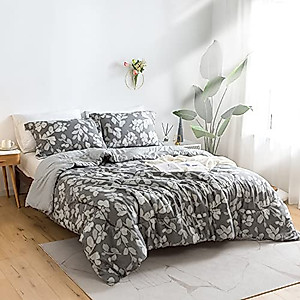 KACEMOO Bed Set Queen Size Comforter Set - 3pc, Grey Leaves Print Neutral Comforters, Hypoallergenic Down Alternative Reversible Comforter, Bed-in-a-Bag Soft Double Microfiber Inner Fill Duvet Sets