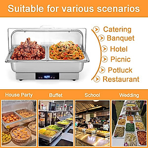 Electric Chafing Dish for Buffet Set 12QT Large Food Warmers 600W with Clear Roll Top and Temperature Control Touch Display Half Size Stainless Removable Pans for Parties Restaurants Entertaining