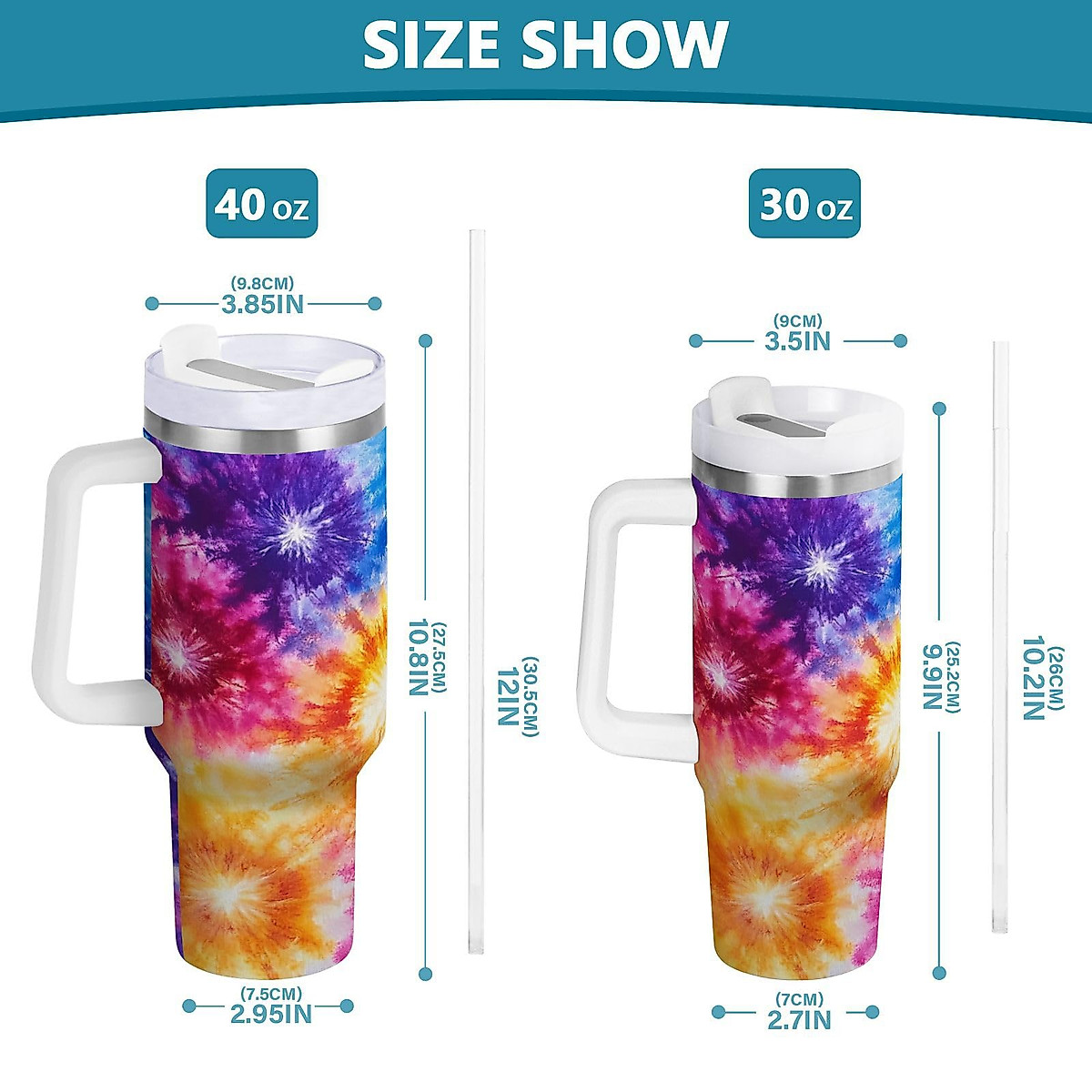 Msyxl 30 oz Insulated Stainless Steel Tumbler with Handle and Straw Lid - Leak-proof Coffee Mug for Men Women, Travel Mug Fits Cup Holder (Bright Tie-dye Pattern)