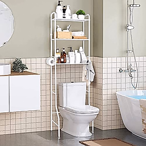 BHFOW Toilet Storage Rack, 3-Tier Over-The-Toilet Bathroom Spacesaver, Bathroom Shelf Organizer, Freestanding Above Toilet Rack with Hooks (White)