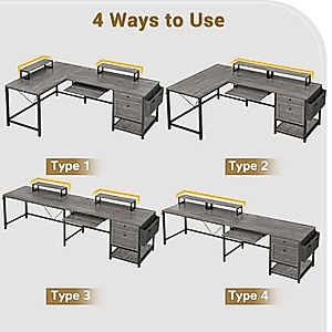 SEDETA 69" L Shaped Desk with Drawers, Convertible Corner Desk to Long Office Desk, Computer Desk with File Drawers for Home Office, Gaming Desk with LED Lights, Grey