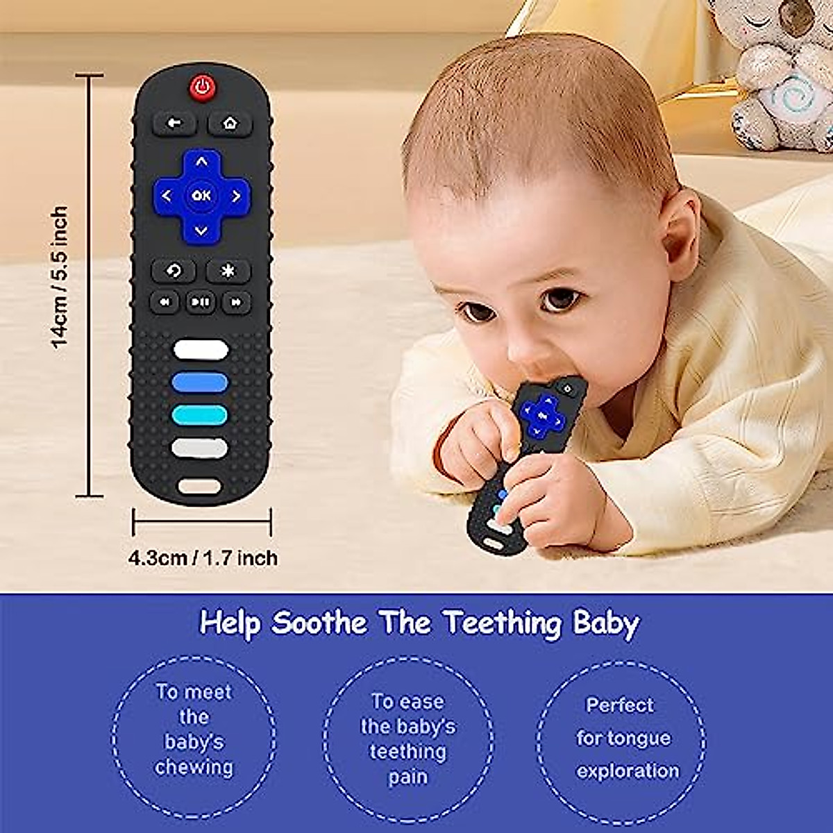ROBBEAR Baby Teething Toys, Food Grade Silicone Teether for Babies 3 6 12 18 Months, TV Remote Shape Toddlers Chew Toys, Freezer BPA Free (Black RC)