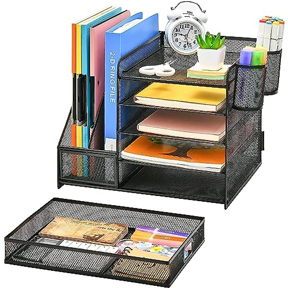 Metal Mesh Desk Organizer with 1 Sliding Drawer, 5 Horizontal Trays and 2 Vertical Sections, with 2 Spaces for Pencils and Accessories Black, assembles and disassembles in minutes to store or use