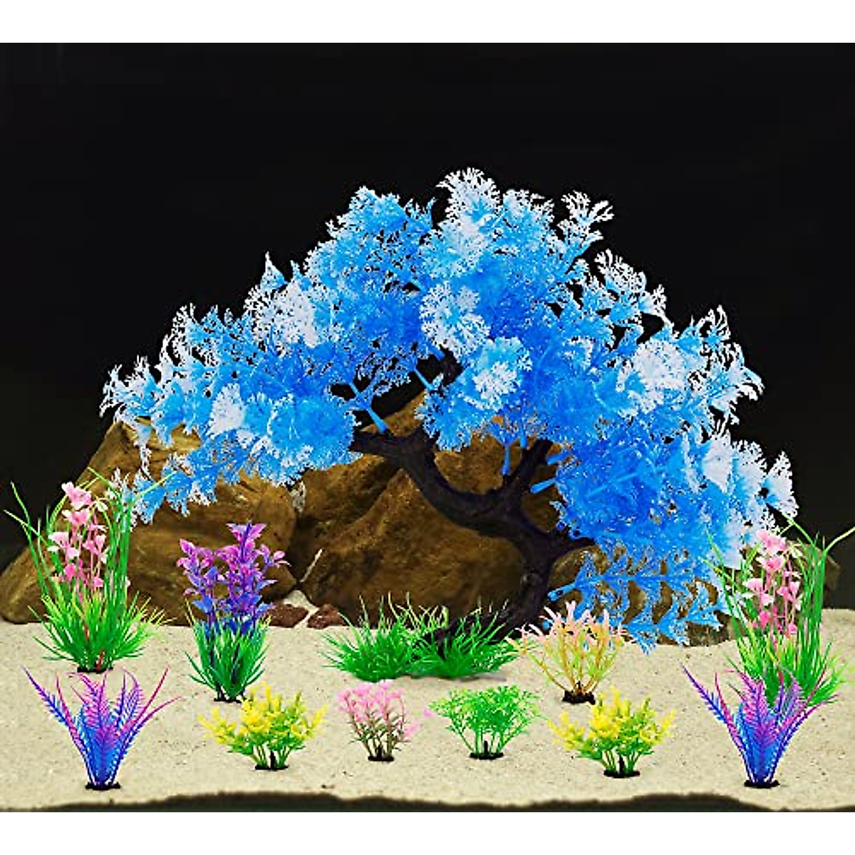 MyLifeUNIT Fish Tank Decorations, 15 Pack Artificial Aquarium Plants Tree Set for Fish Tank Decor (Bule Set)