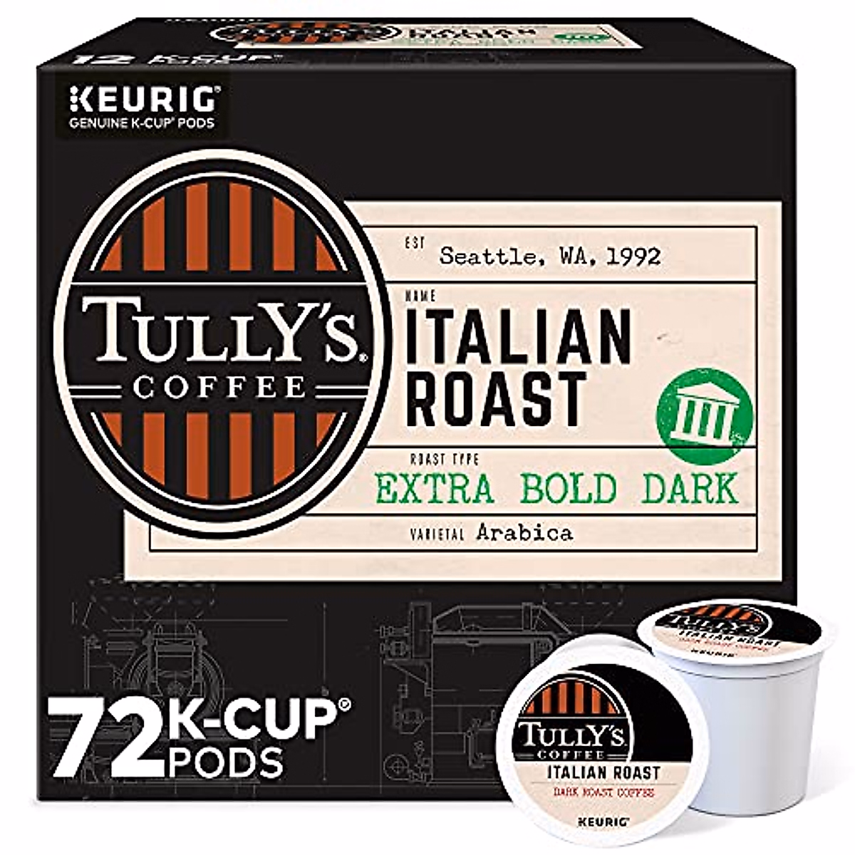 Tully's Coffee Italian Roast, Single-Serve Keurig K-Cup Pods, Dark Roast Coffee, 72 Count