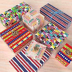 GIOLAINY Birthday Wrapping Paper for Kids Boys Girls Adults - Gift Wrapping Paper with Bright "Happy Birthday" Words, Blue Stripes and Star Design - 8 Sheets (20*29 Inch per Sheet), Recyclable, Easy to Store, Not Rolled