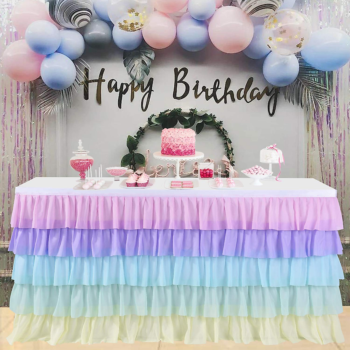 HB HBB MAGIC Rainbow Table Skirt Tutu Unicorn Tablecloth for Rectangle Table 6ft Girls Birthday Unicorn Party Baby Shower