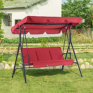 MCombo 3-Person Outdoor Patio Swing Chair, Convertible Canopy Hanging Swing Glider Lounge Chair, Removable Cushions, 4003 (Red)
