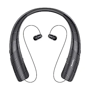 Bluenin BlueWave Pro 1 Bluetooth Headphones Speaker 2 in 1,Wireless Headphones Neckband Wearable Speaker Retractable Earbuds 3D Stereo Sound Sweatproof Headset (Black)