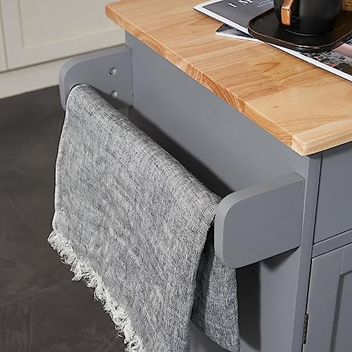 APDYNE Two Door Two Roll Out Kitchen Cart and Storage Cabinet, Rubber Wood Gray Paint Dining Car 99.5 * 40 * 85.5cm, Towel Rack, Adjustable Rack, and Lockable Wheels