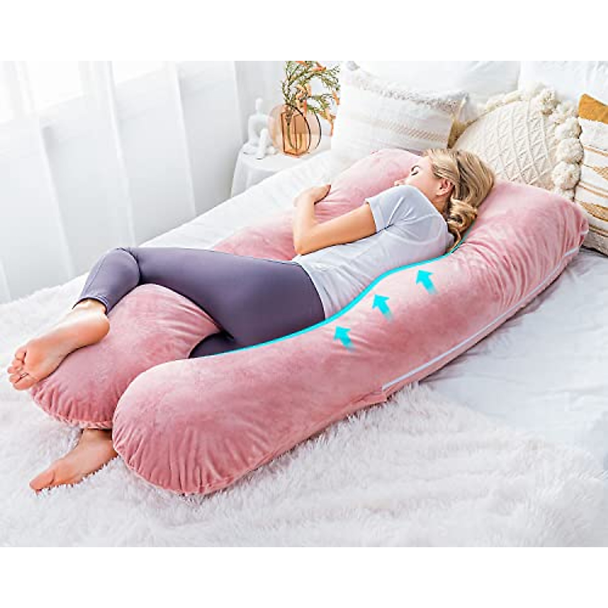 Meiz Pregnancy Pillows, U Shaped Pregnancy Pillows for Sleeping, Full Body Maternity Pillow for Pregnant Women with Machine Washable Velvet Cover, Pink