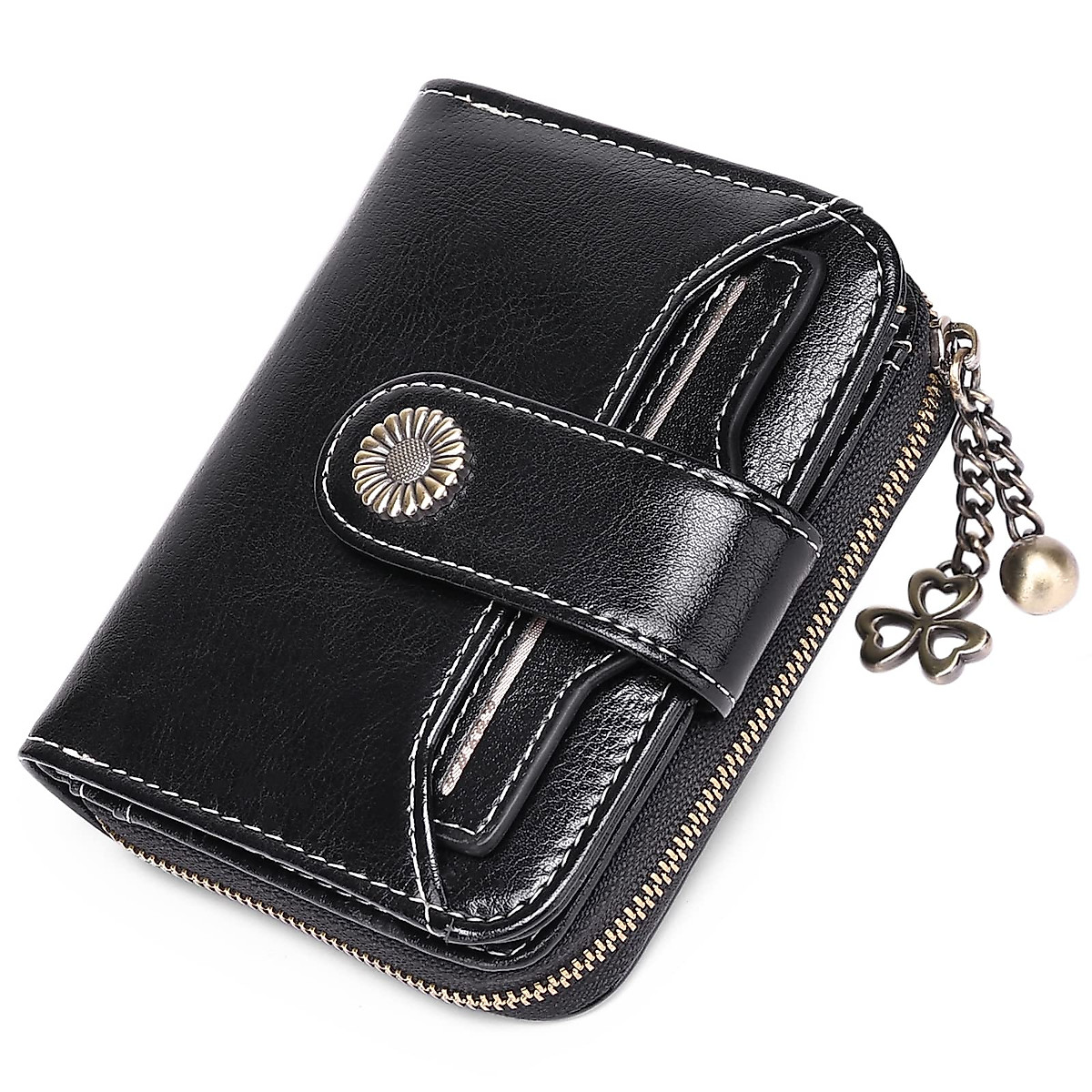 GOIACII Wallet for Women Leather Small RFID Blocking Bifold Zipper Pocket Card Holder with ID Window Black
